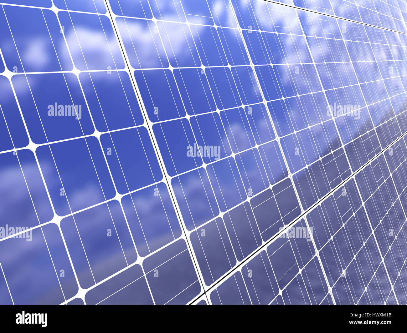 3d illustration of solar panel background, with blue sky reflection ...