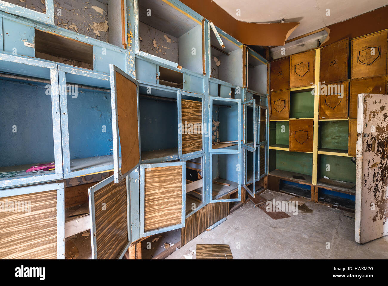 Lockers in army barrack building in Skrunda-1 ghost town, former site ...