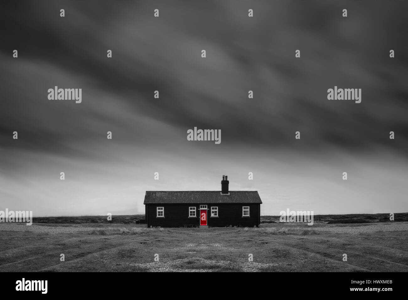Remote desolate isolated house under dark stormy sky during Winter ...