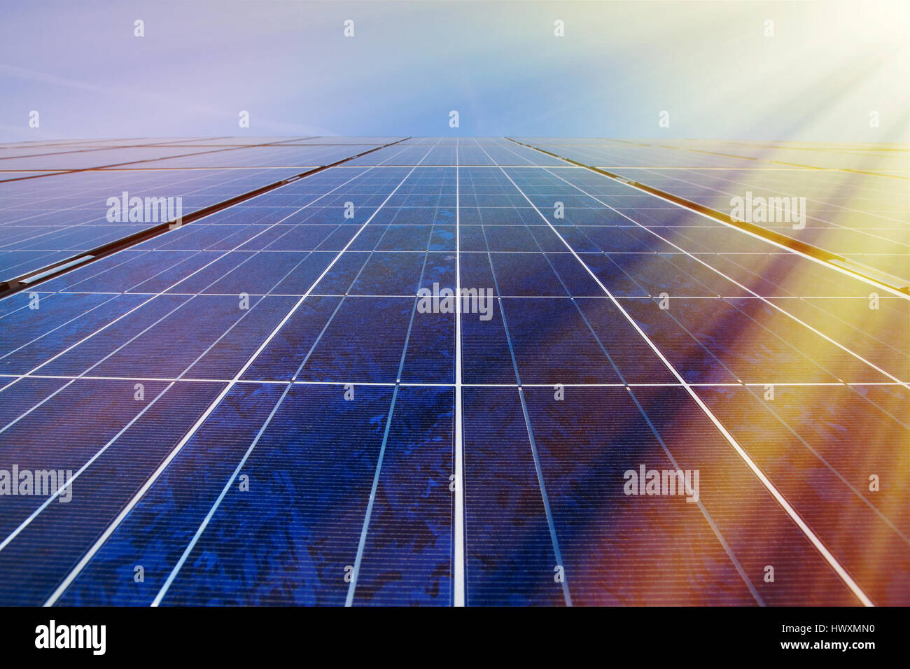 Solar panels and blue sky with sunlight shining on the panels. Green ...