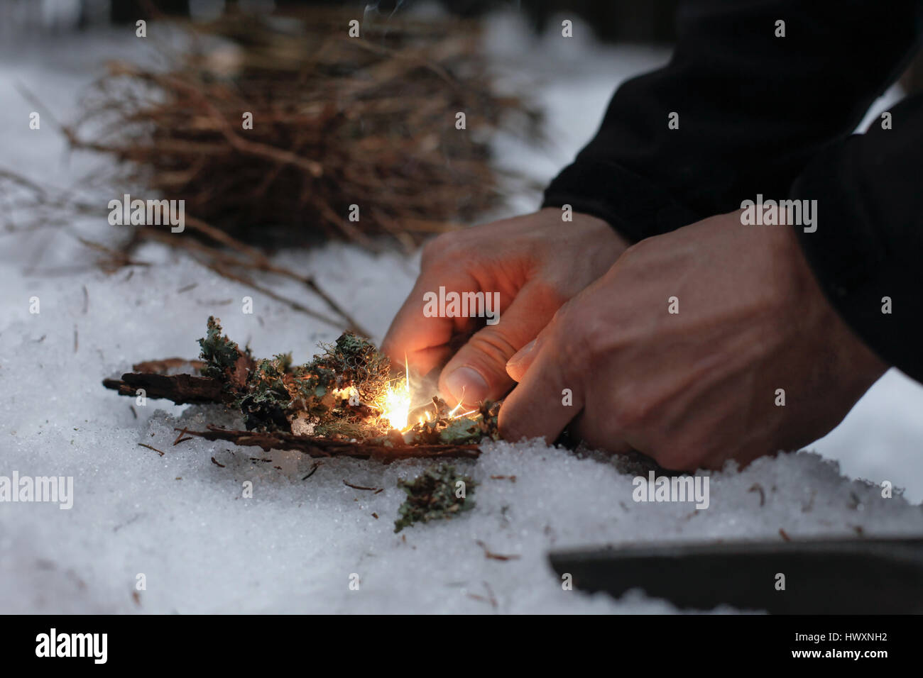 Man lighting a fire in a dark winter forest, preparing for an overnight ...