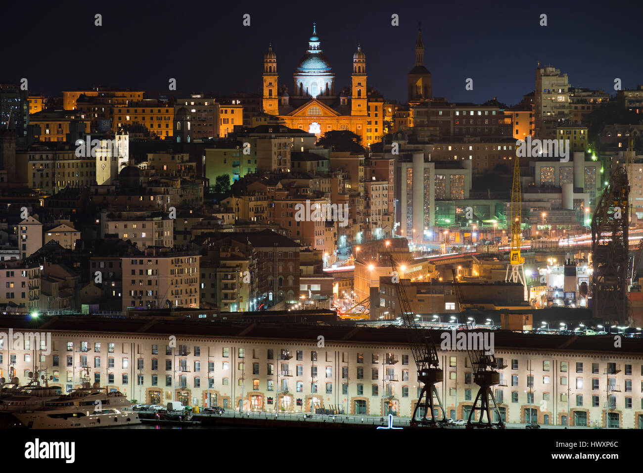 View of the harbour of Genoa illuminated by night Stock Photo - Alamy