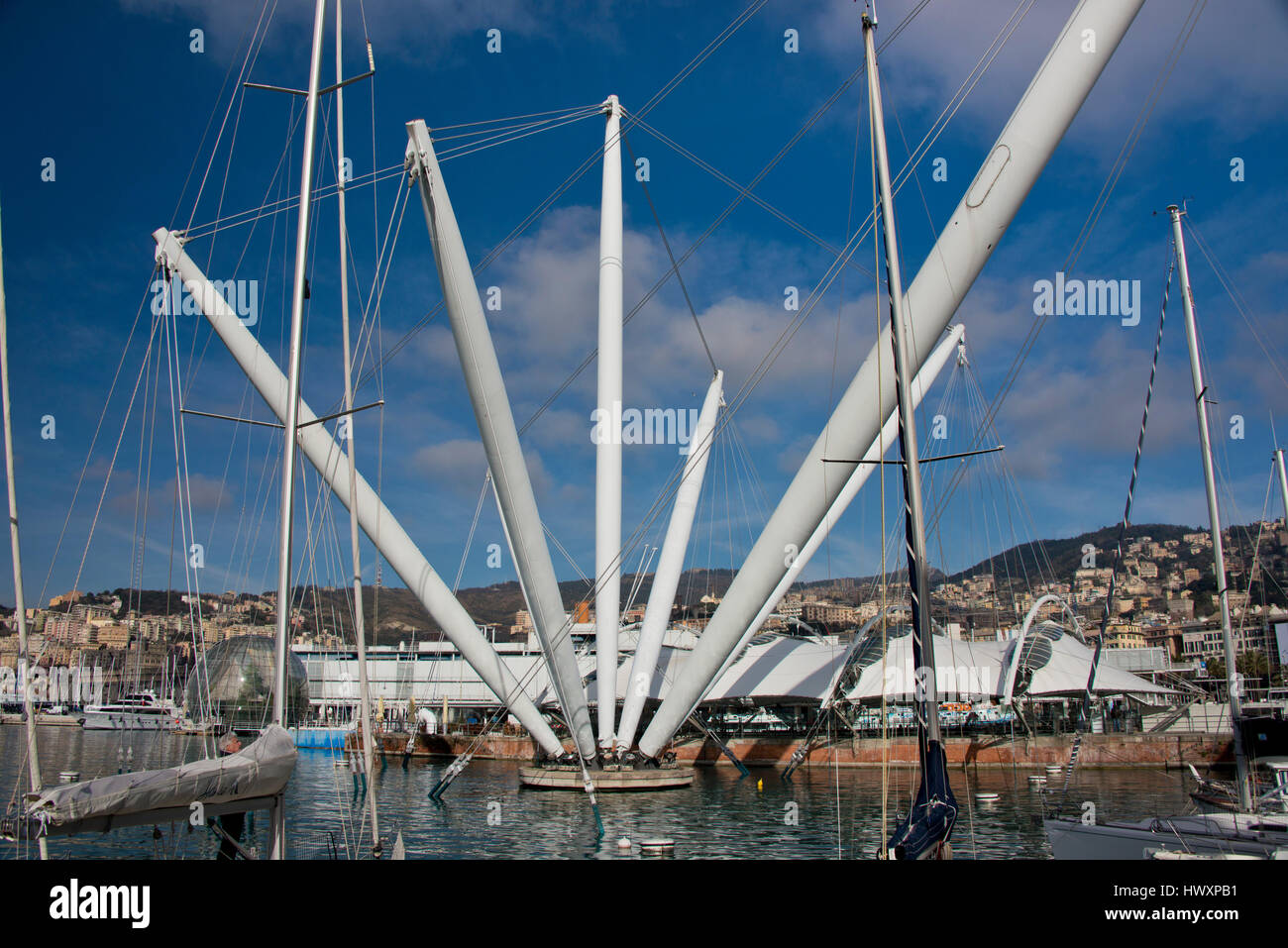 The modern structure of Bigo, built in the ancient harbour of Genoa in ...