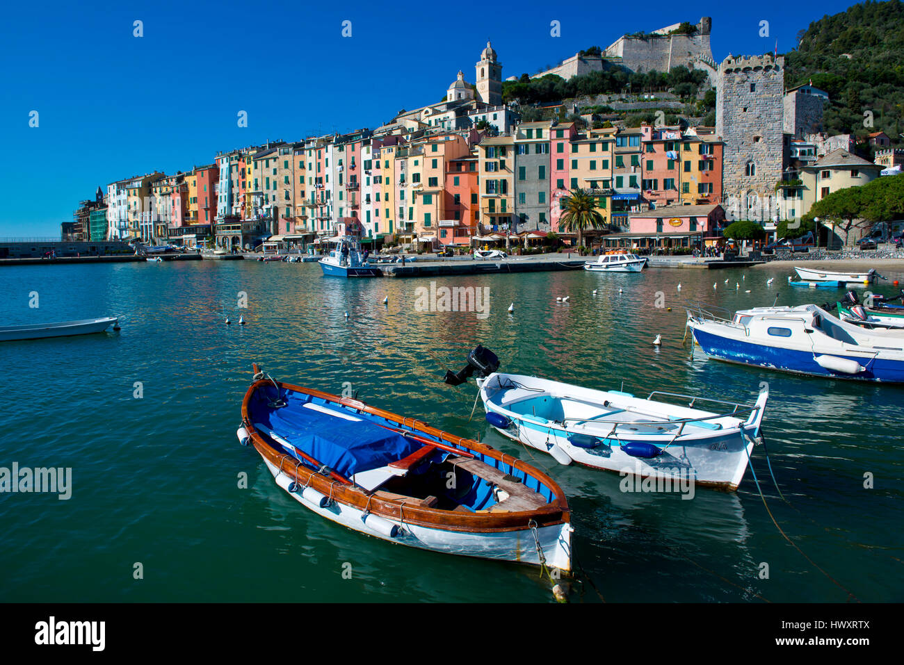 The townscape of Portovenere with its colorful houses. This typical ...