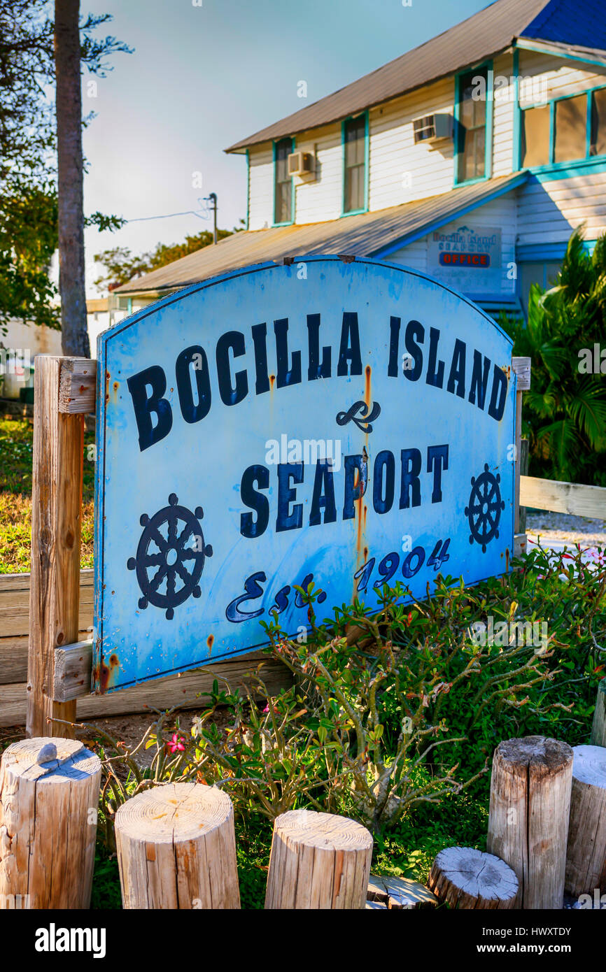 White and blue Bocilla Island Seaport sign in Florida Stock Photo - Alamy