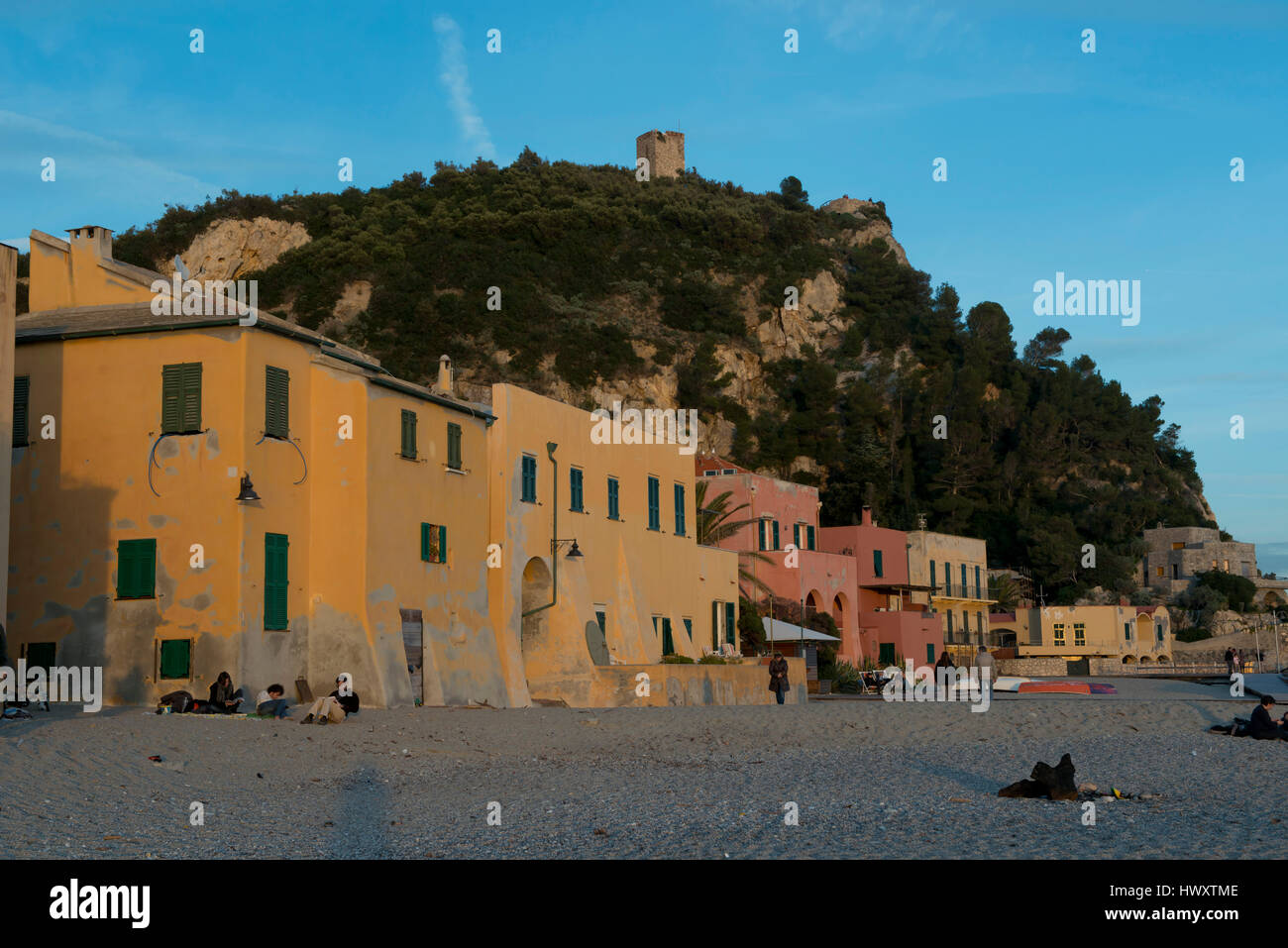 Yellow houses on the beach. Typical view of Varigotti, famous ligurian ...