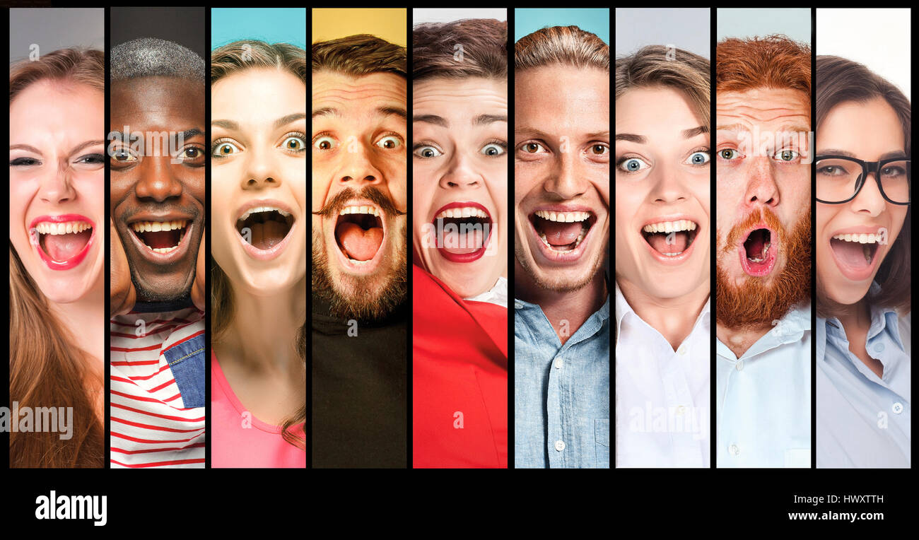 The collage of young women and men smiling face expressions Stock Photo ...