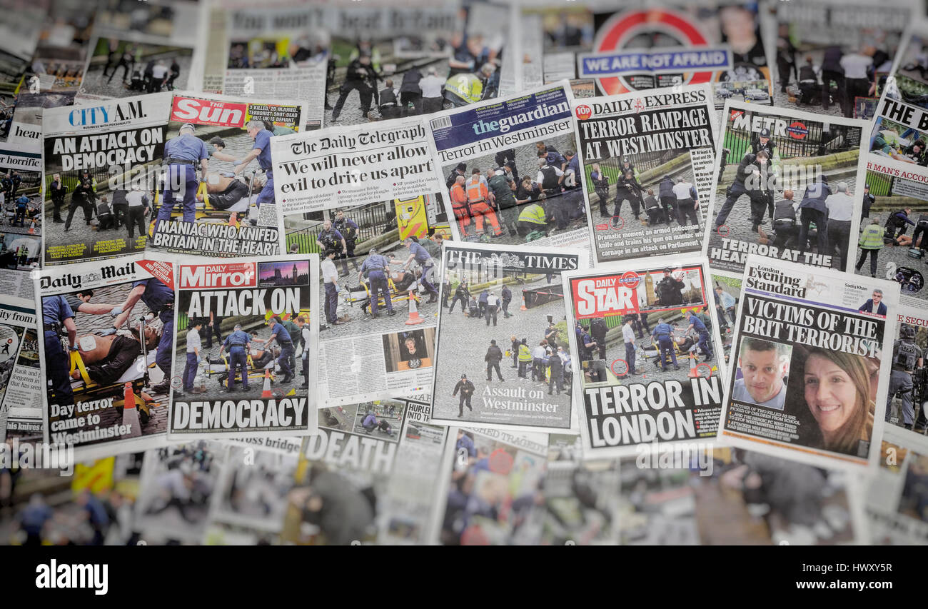 Newspaper headlines the day after the Terrorist attack in Westminster ...