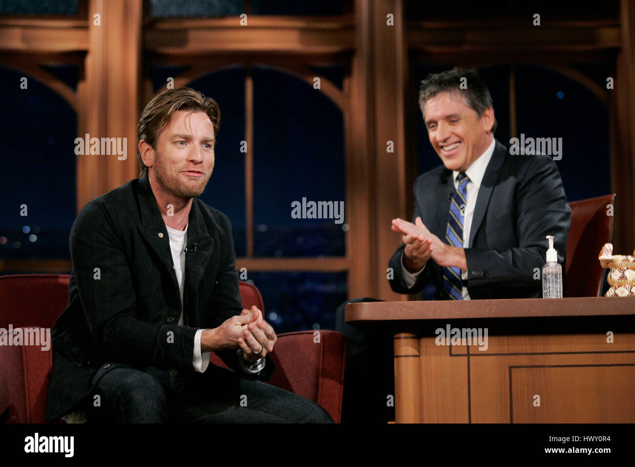Actor Ewan McGregor, left, and host Craig Ferguson clean their hands ...