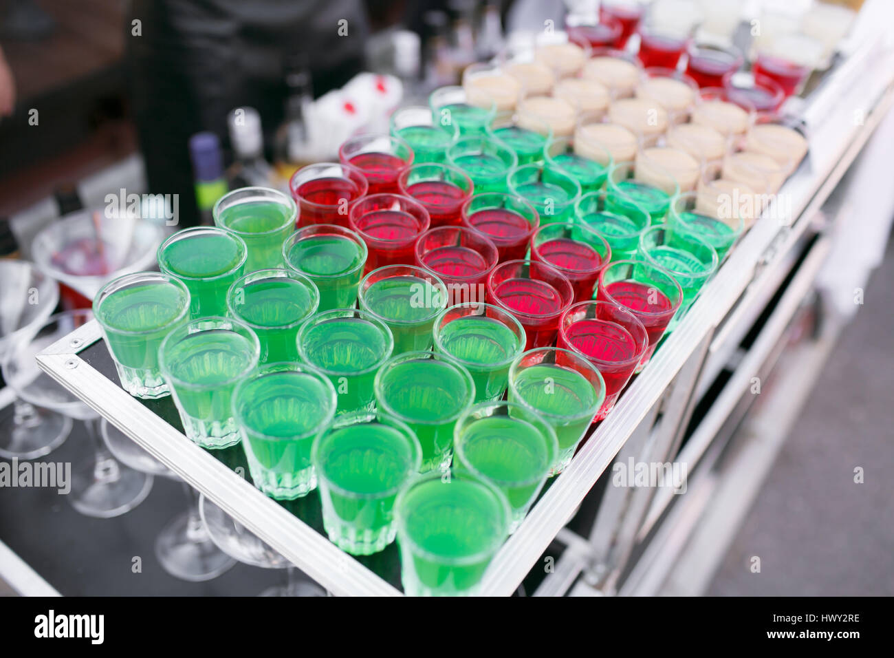 Variety of colorful green red and white beautiful alcohol sweet ...