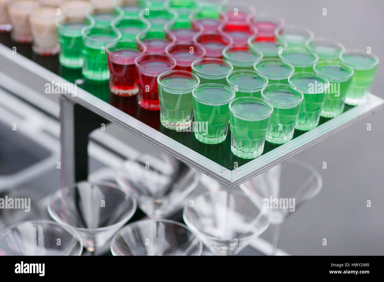 Variety of colorful green red and white beautiful alcohol sweet ...