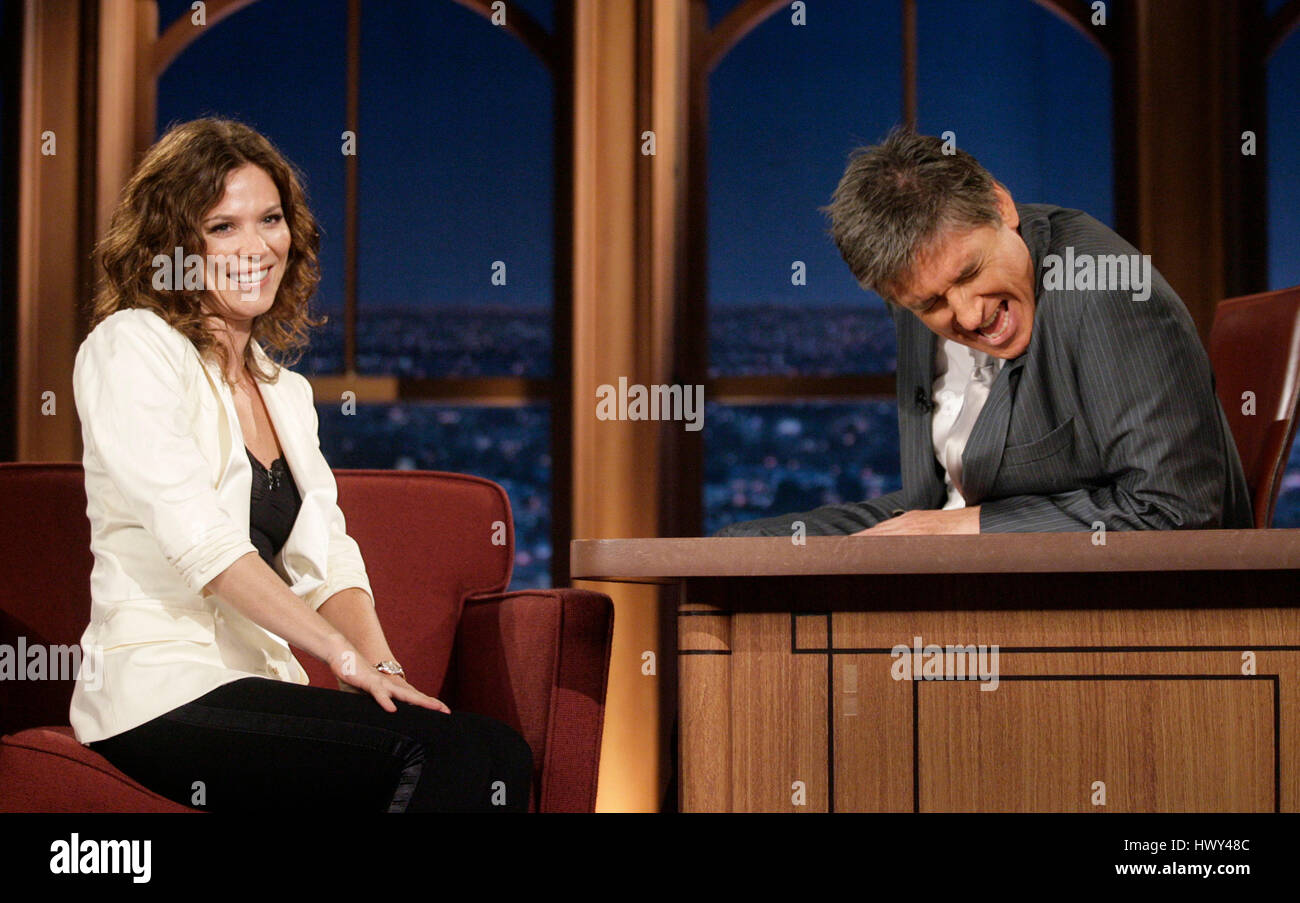 Actress Anna Friel, left, chats with host Craig Ferguson during a ...
