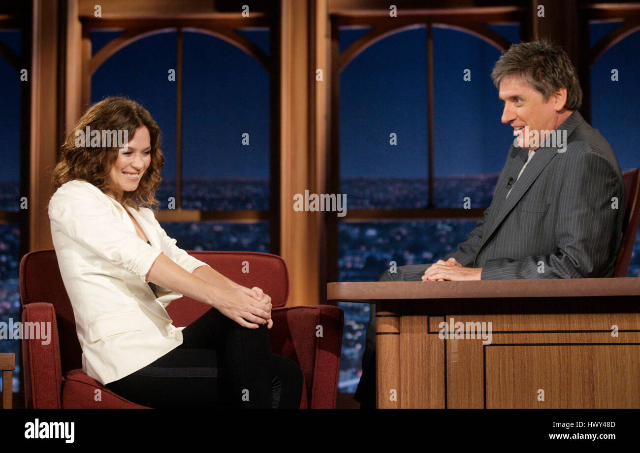 Actress Anna Friel, left, chats with host Craig Ferguson during a ...