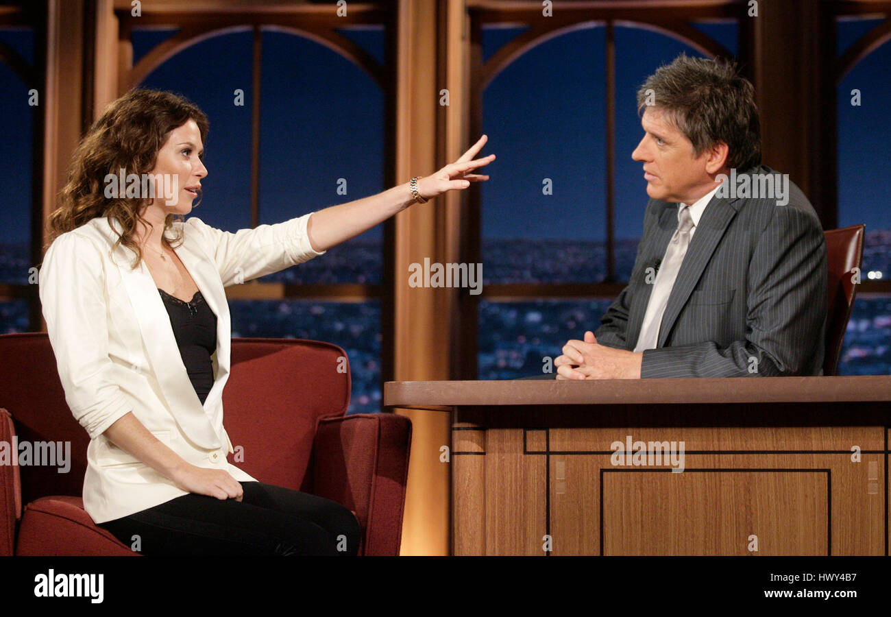 Actress Anna Friel, left, chats with host Craig Ferguson during a ...