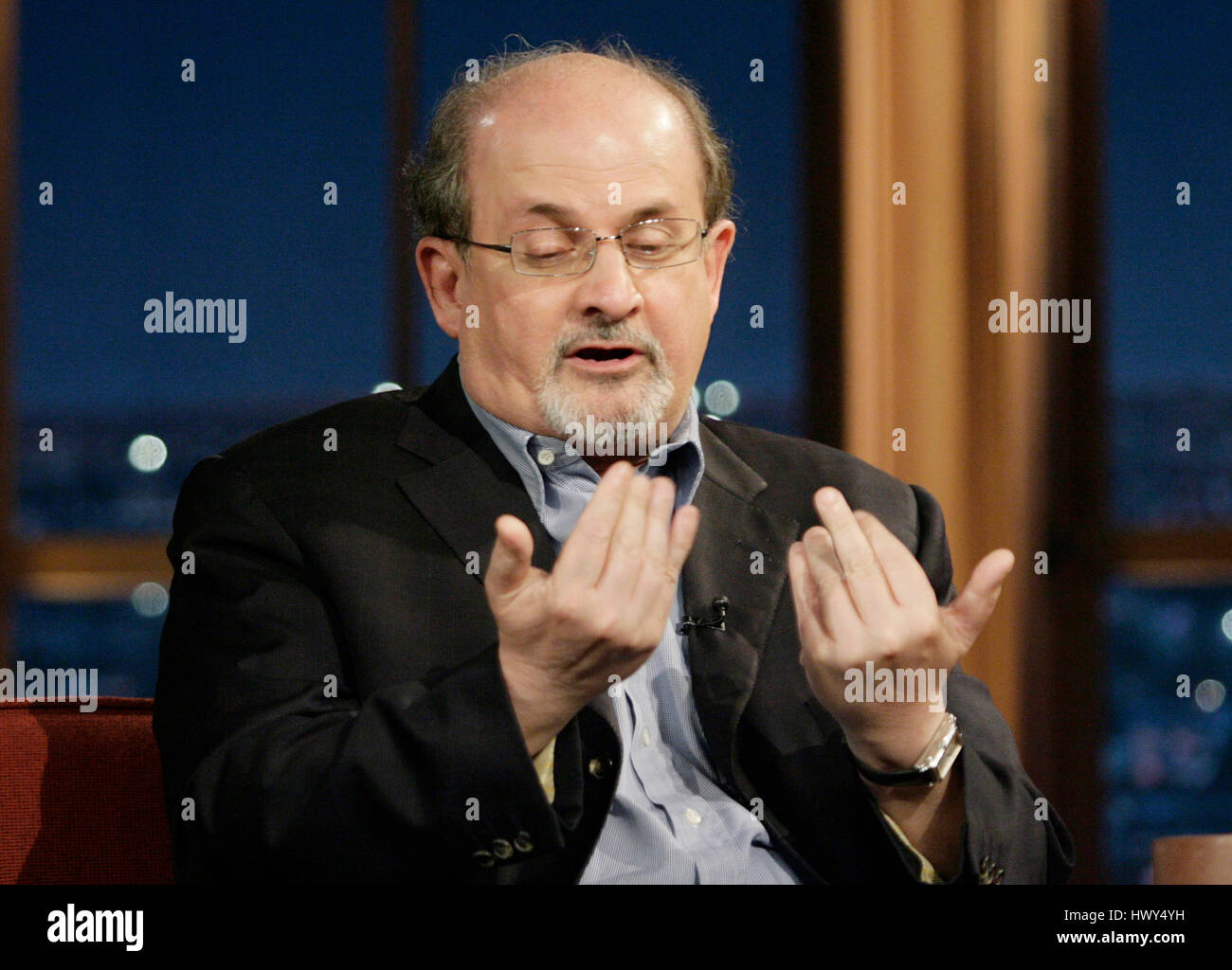 Author Salman Rushdie during a segment of 'The Late Late Show with ...