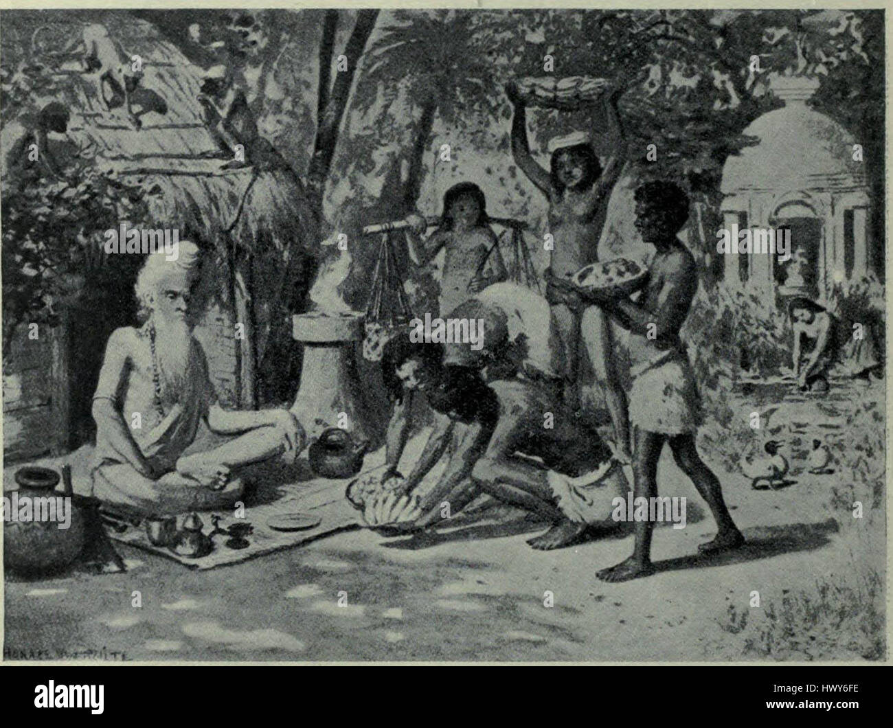 This artwork depicts a hermit, a figure who lives in isolation, removed ...