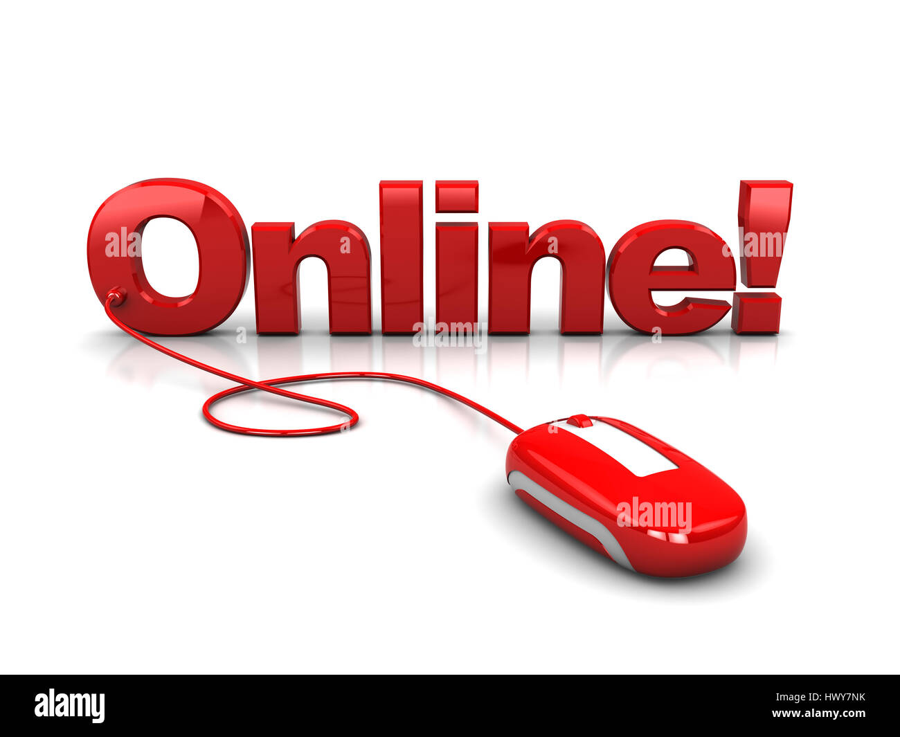 3d illustration of computer mouse connected to 'online' sign, over ...