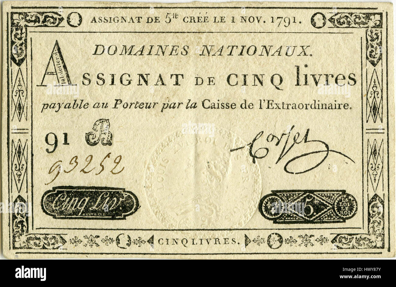 The Assignat de 5 livres was a French revolutionary currency note ...