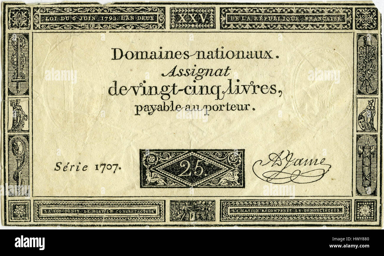 The 'Assignat de 25 livres' is a French Revolutionary banknote, issued ...