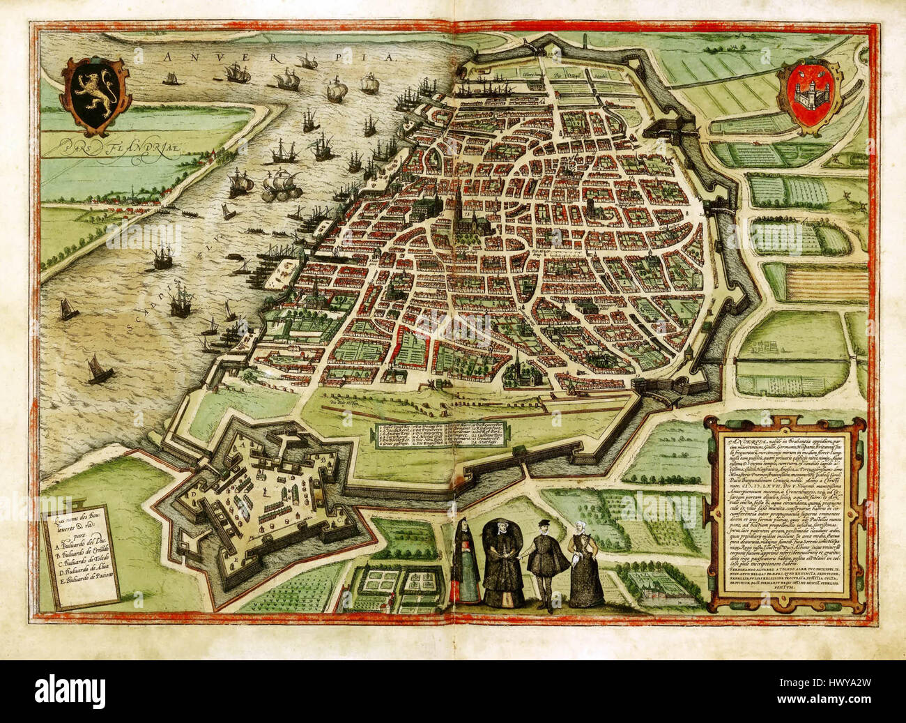 The engraving of Antwerp, Belgium, created by Braun and Hogenberg ...