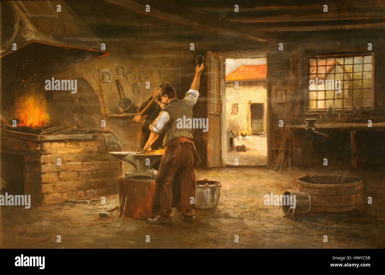 This painting or depiction of a blacksmith's studio captures the ...