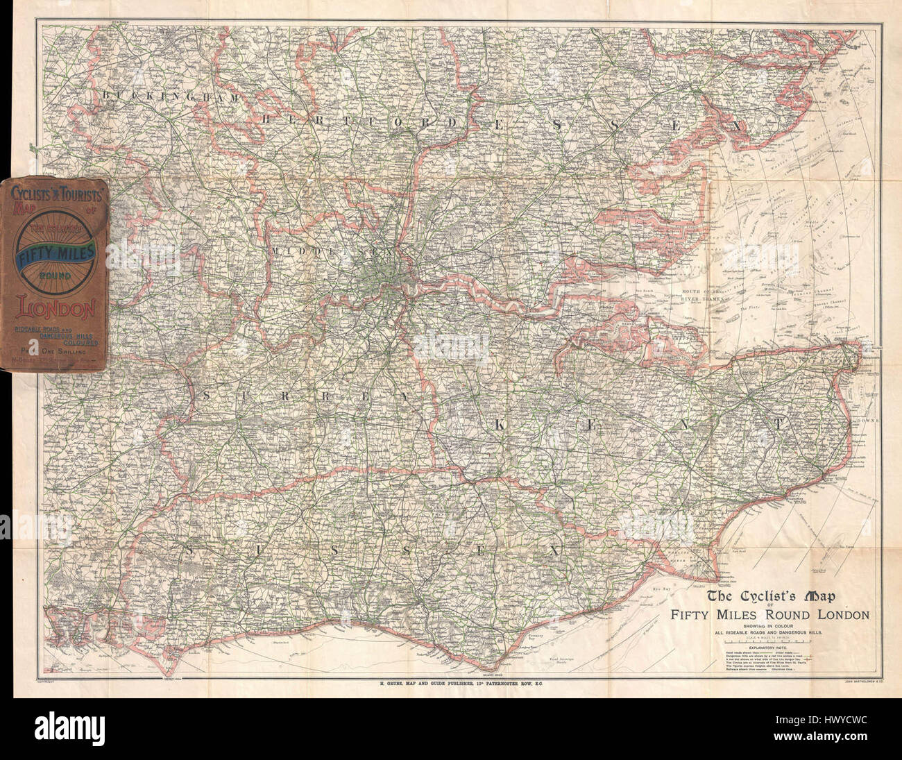 1895 Barthholomew Cyclist's Map of 50 Miles Around London, England ...