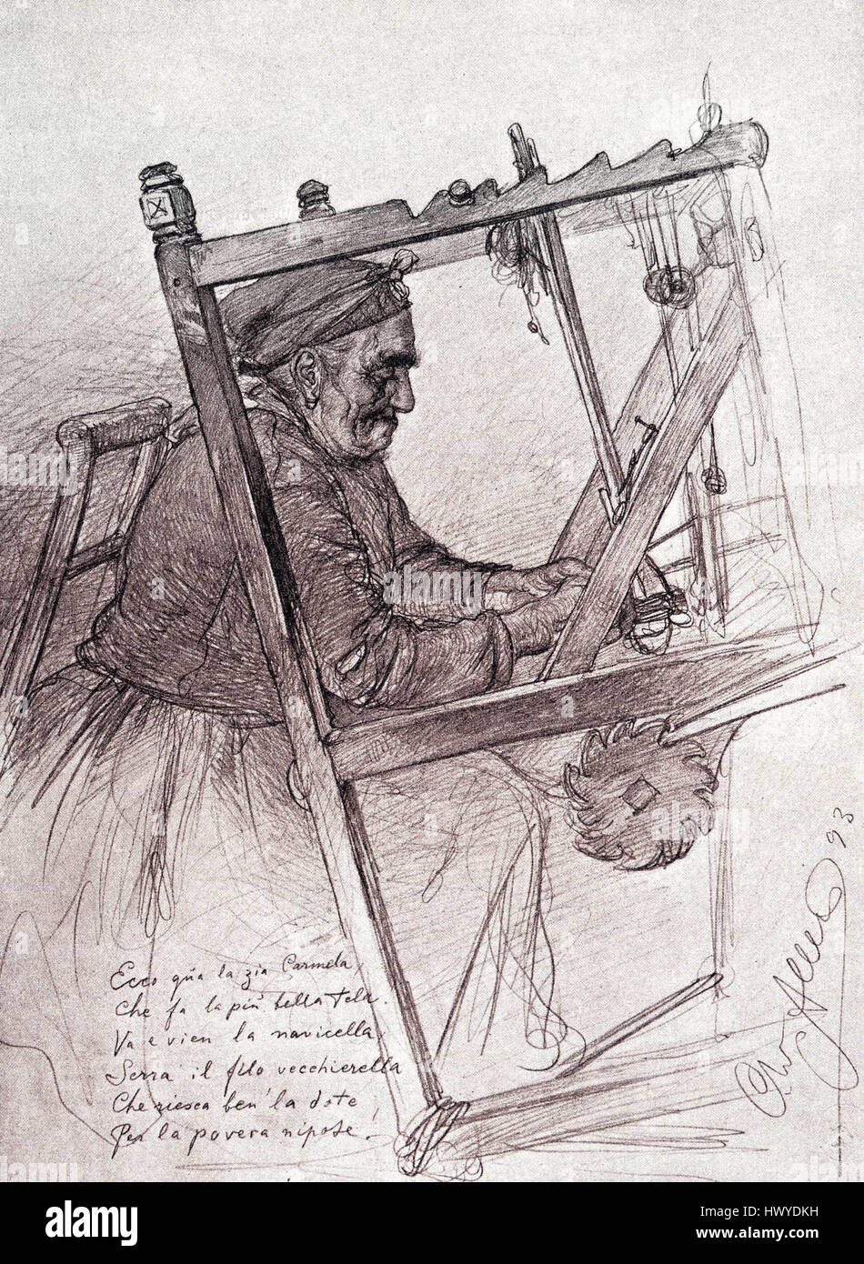 This image features a scene of a woman weaving, known as Tessitrice ...