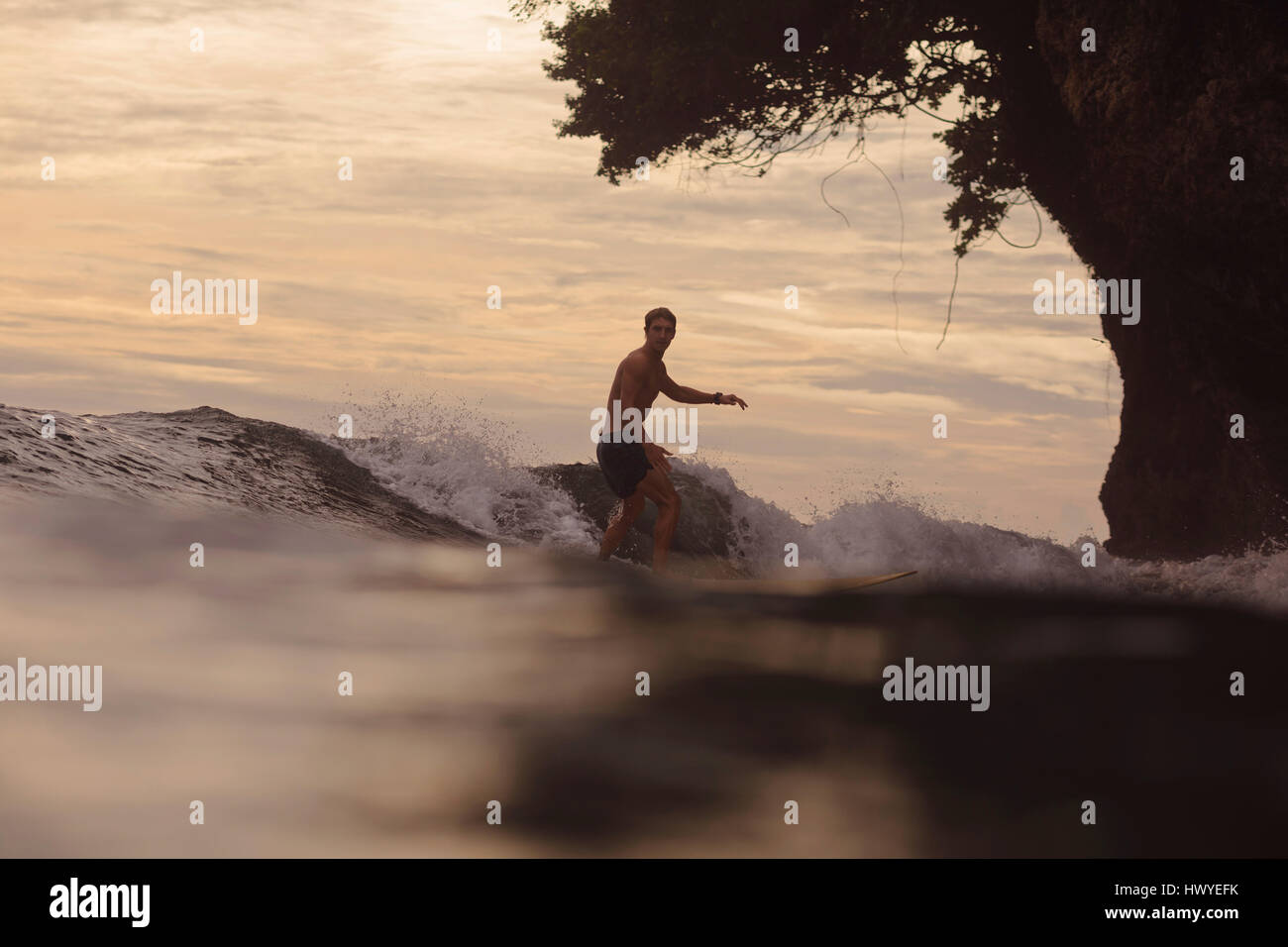 Indonesia, Java, man surfing at sunset Stock Photo - Alamy