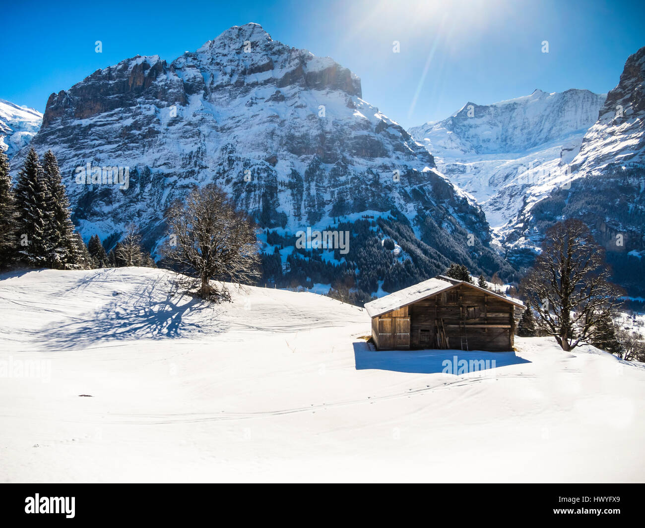 Switzerland, Canton of Bern, Grindelwald, winter landscape with ski hut ...