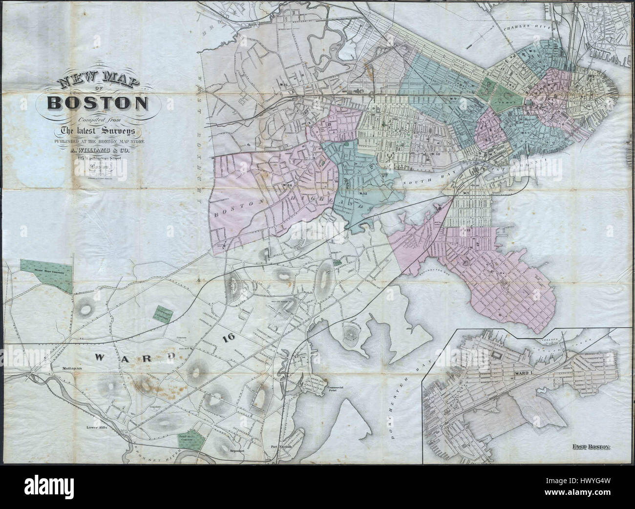 This 1870 pocket map of Boston, Massachusetts, offers a detailed view ...