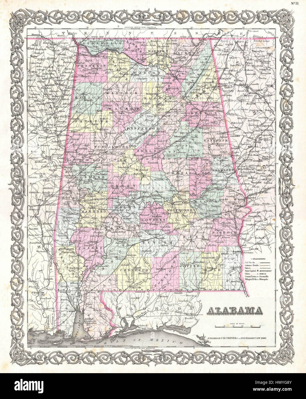 The 1855 Colton Map of Alabama provides a detailed representation of ...