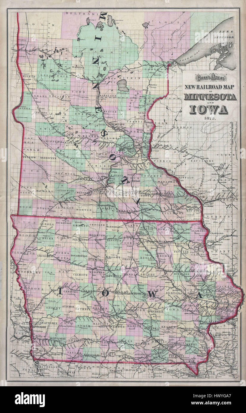 This 1873 map shows the railroad routes across Minnesota and Iowa ...