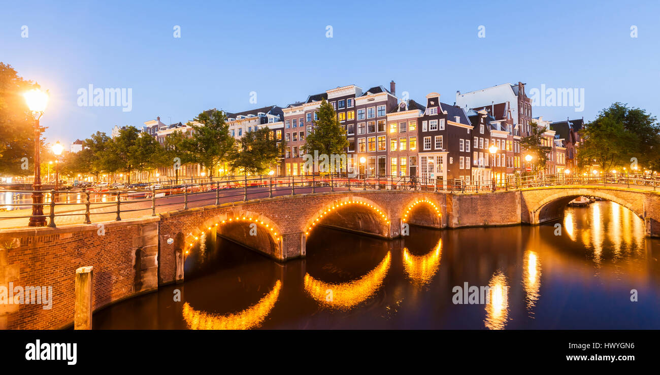 Netherlands, Amsterdam, lighted bridges over Emperor's Canal and Leidse ...