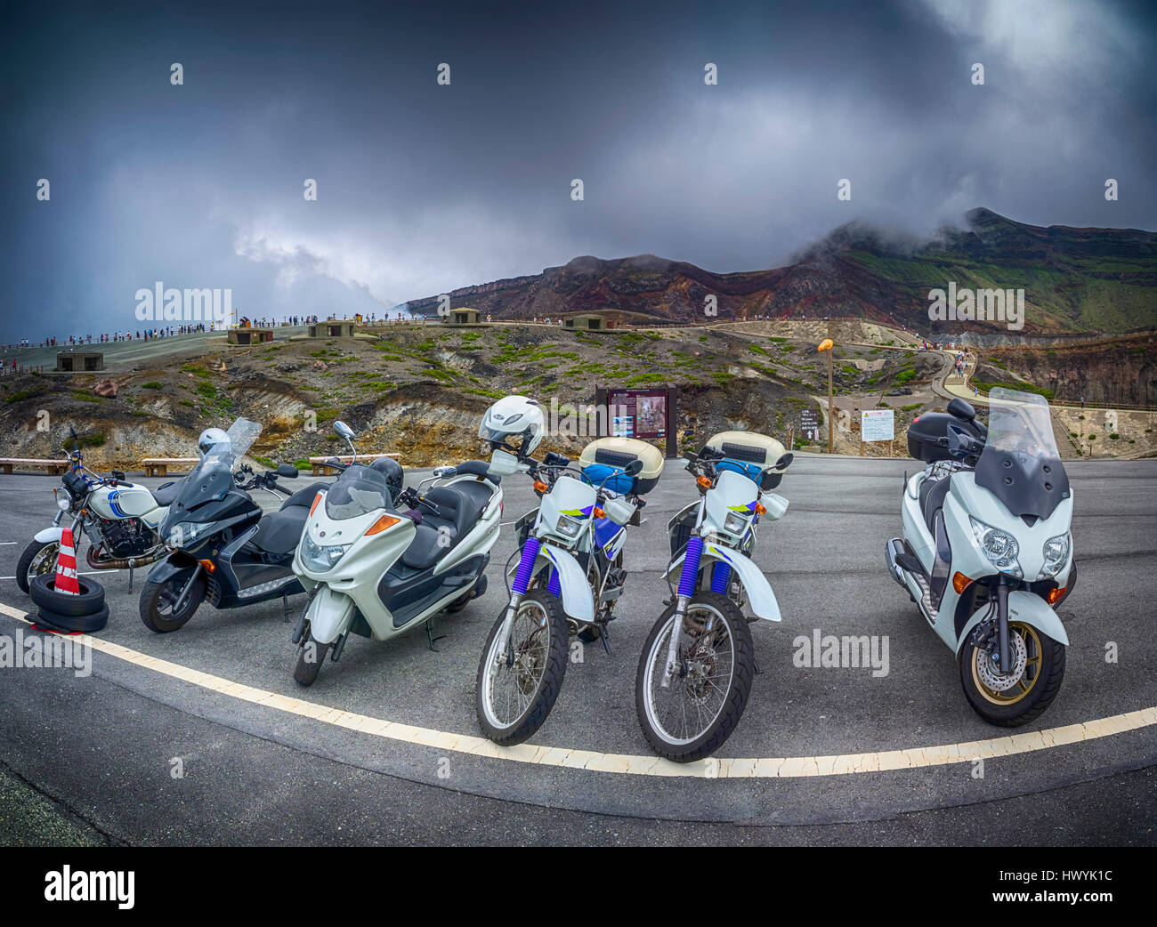 Motorbike group visiting Mount Aso active volcano on the island of ...