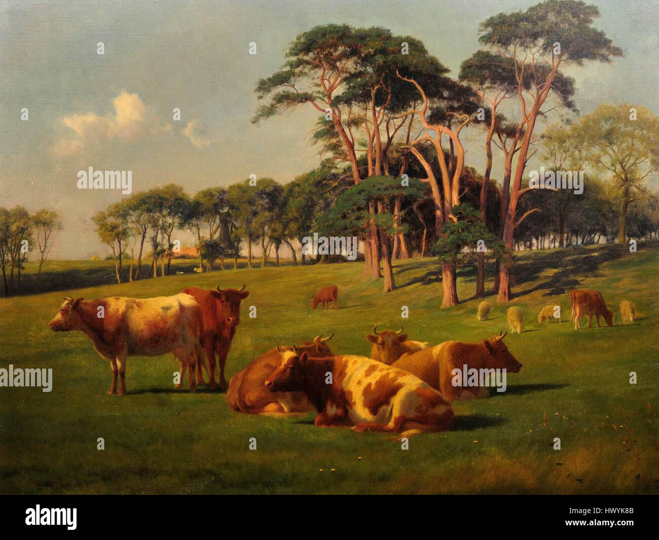 This pastoral scene depicts cattle and sheep grazing in a lush pasture ...