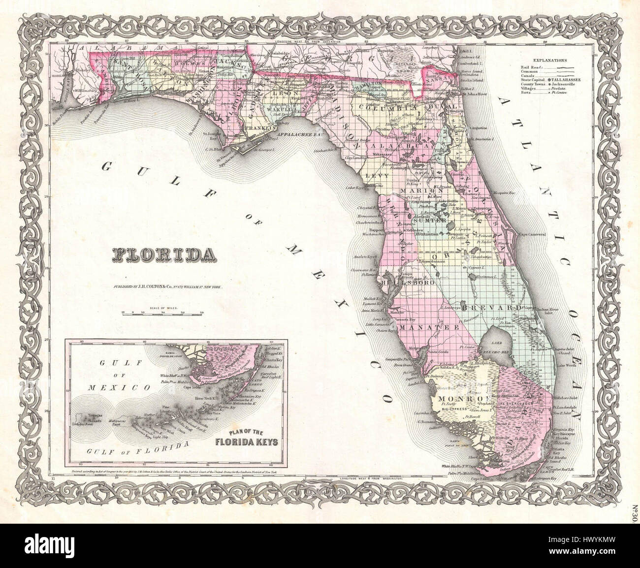 The 1855 Colton Map of Florida is a historical map showing the ...