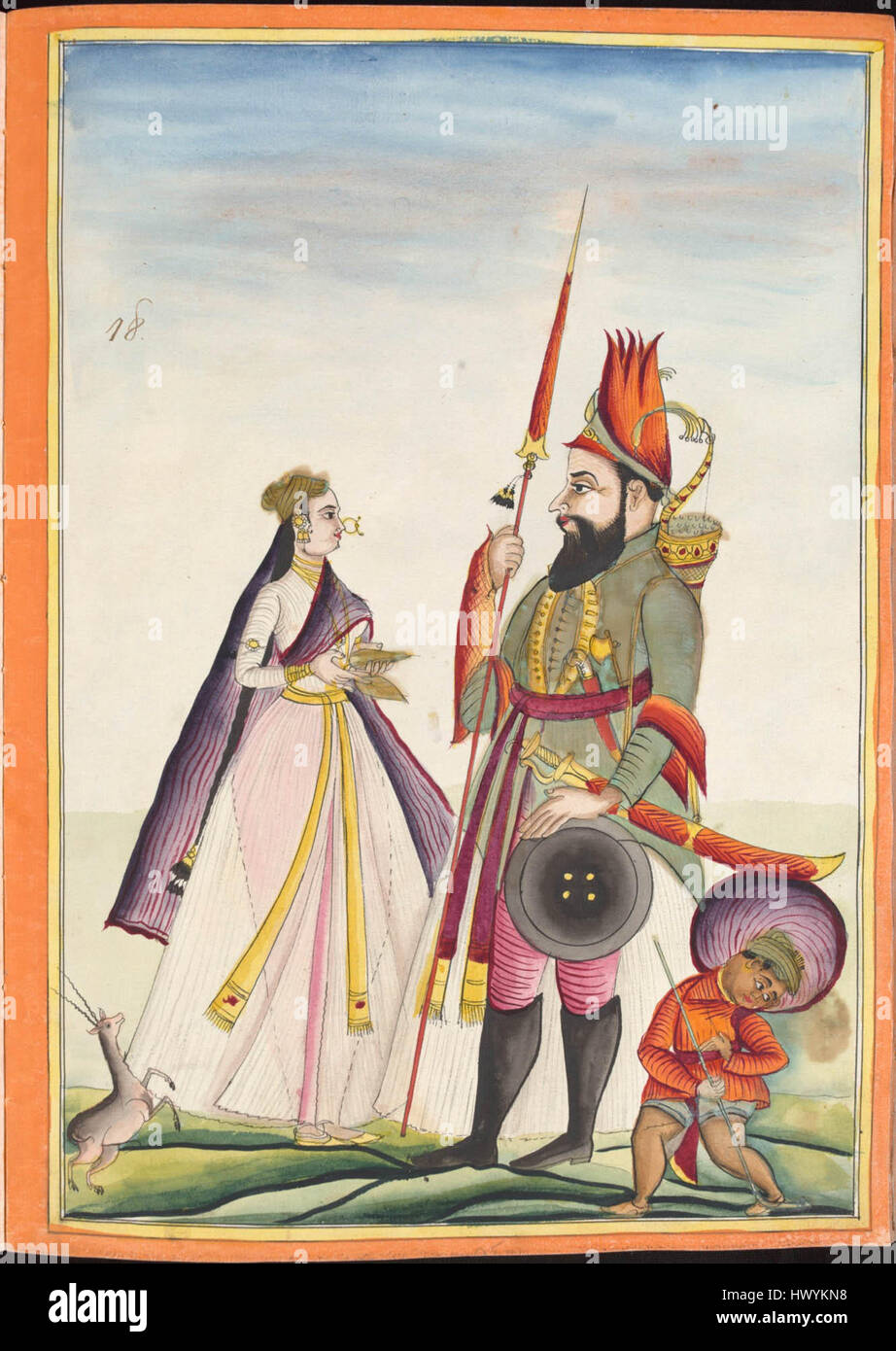 This artwork depicts a Mughal warrior in traditional attire with his ...