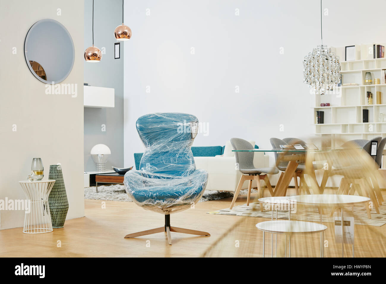 Showroom interior of a furniture shop with a wrapped arm chair Stock ...
