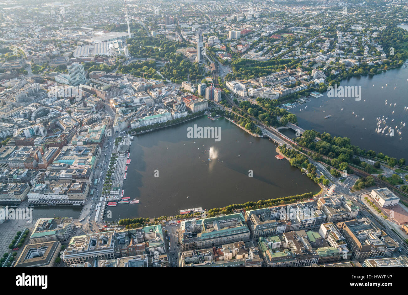 Germany, Hamburg, aerial view of Inner Alster Lake in the evening Stock ...
