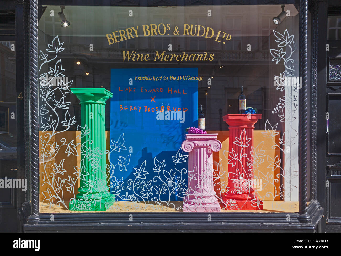 London, St James's A window display for Berry Bros & Rudd, wine ...