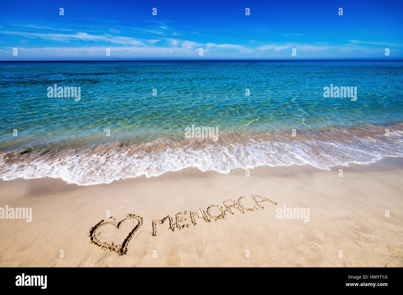 Spain, Menorca, Son Bou, beach, Menorca and heart drawn in the sand ...