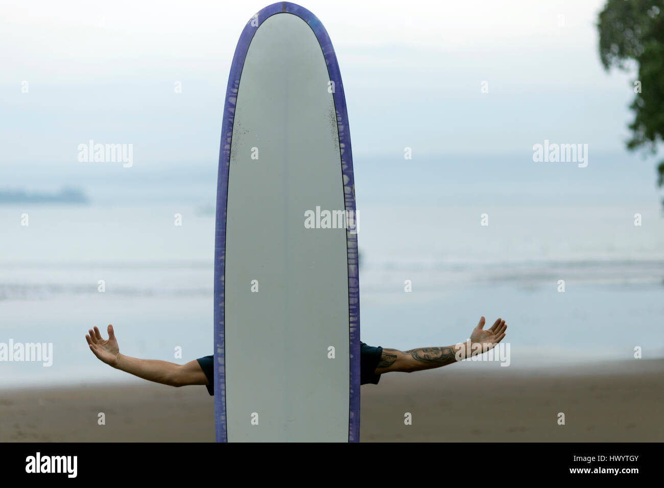 Man on the beach behind surfboard Stock Photo - Alamy