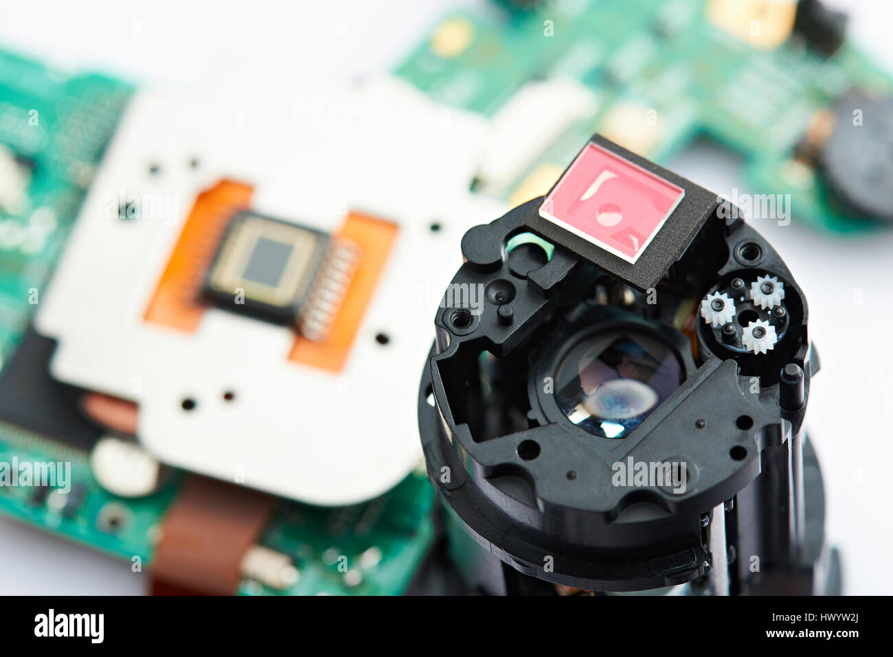 DSLR camera lens parts closeup. Dissassembled camera lens on ...