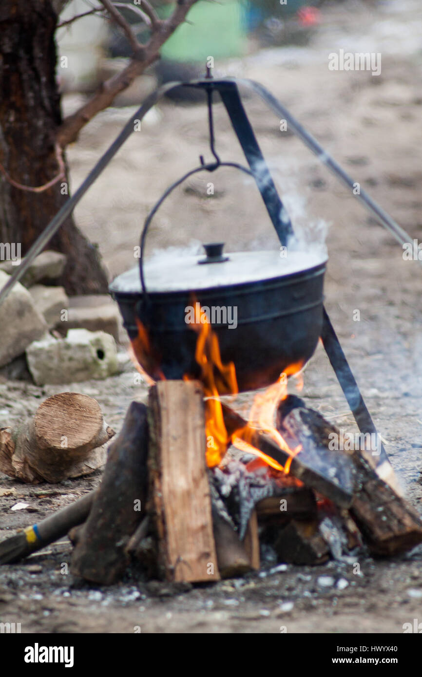 metal pot with a meal basking blured on burning firewood in the forest ...