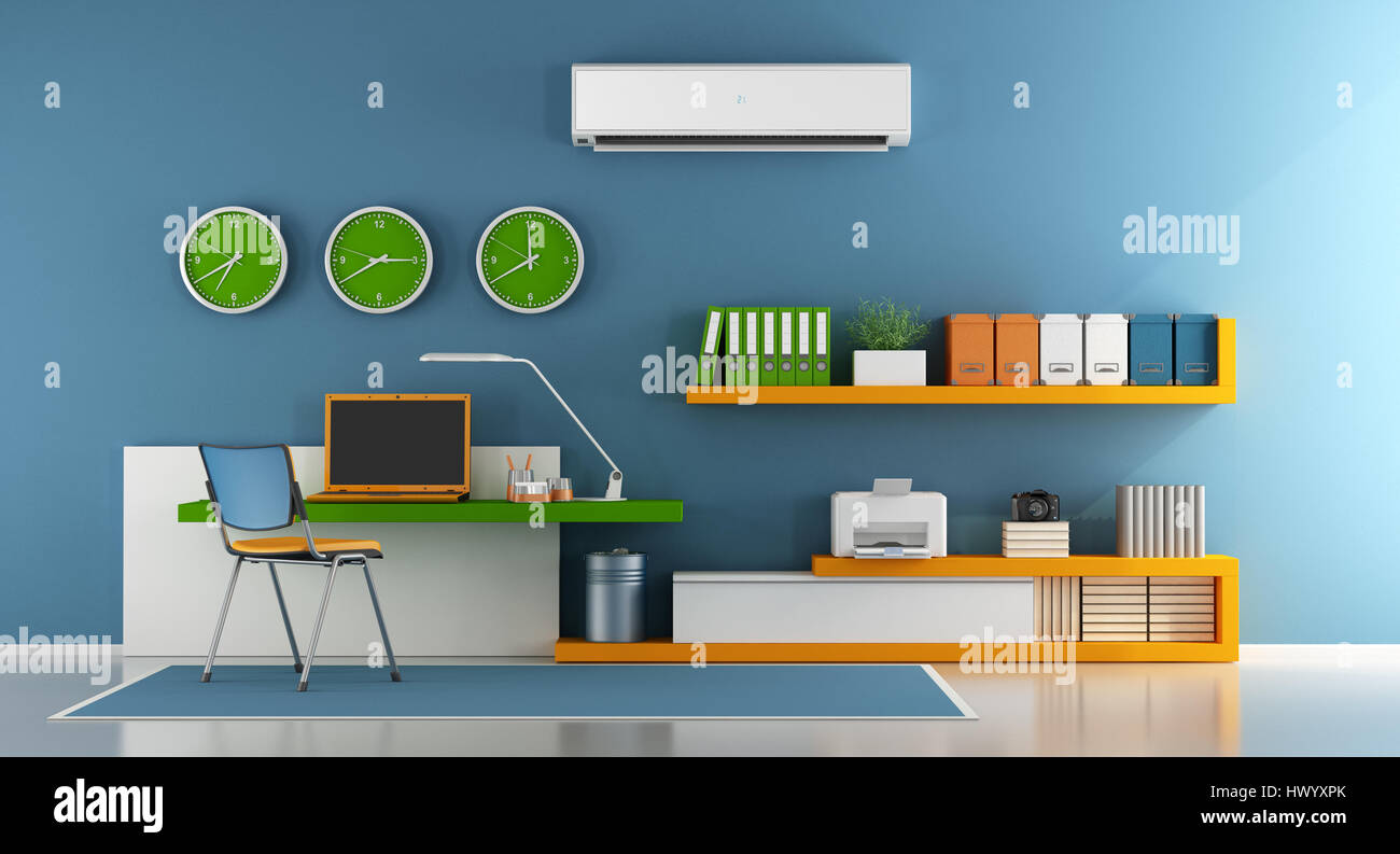 Colorful home office with laptop,printer and shelf on wall - 3d ...