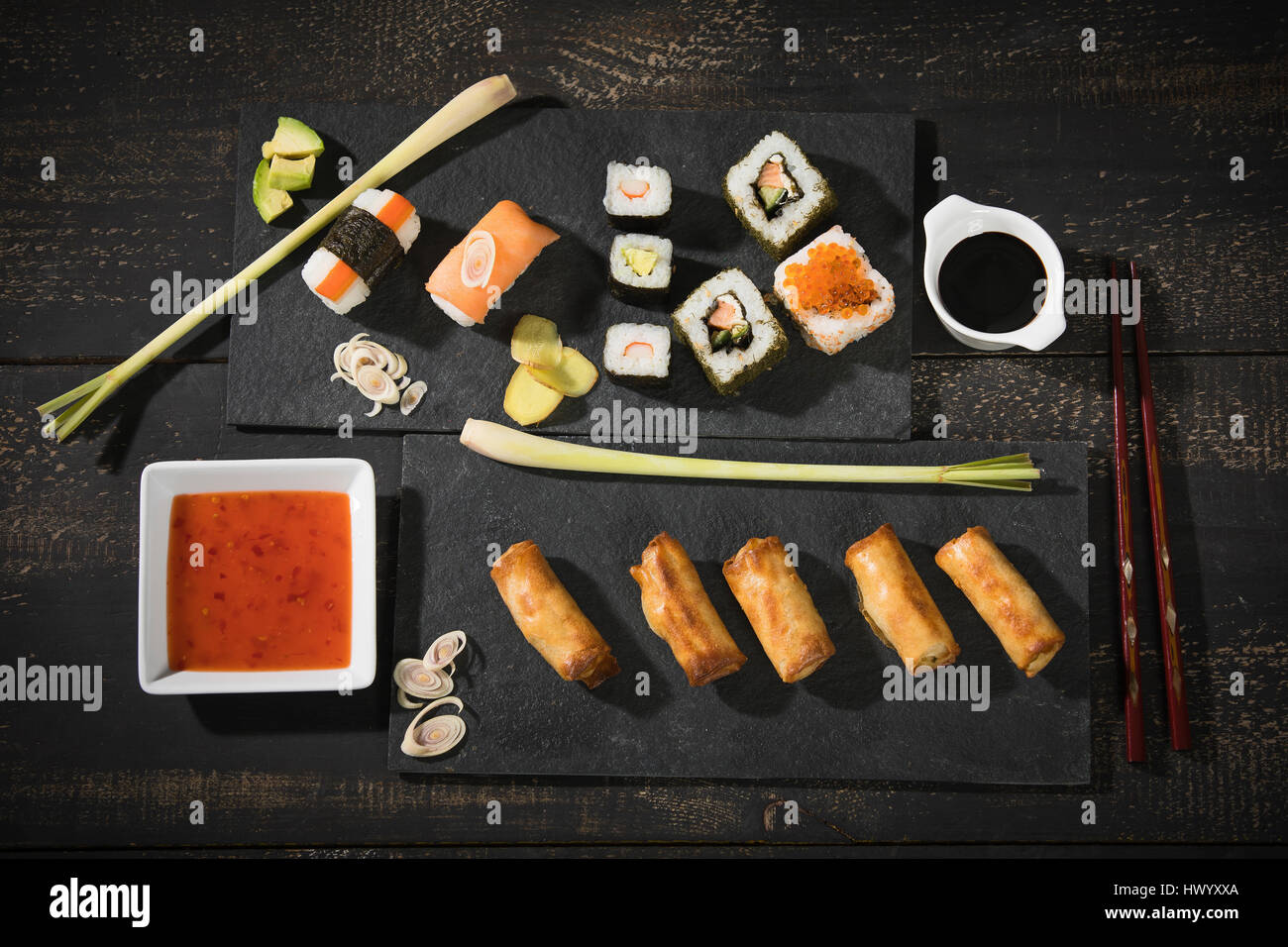 Variety of sushi and spring rolls Stock Photo - Alamy