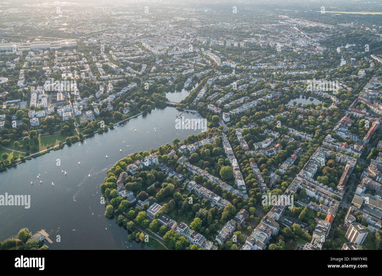 Germany, Hamburg, aerial view of Outer Alster Lake with Harvestehude ...