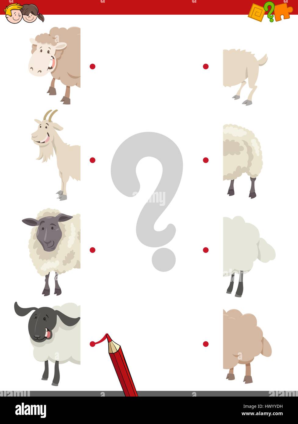 Cartoon Illustration of Educational Matching Halves Game with Sheep and ...