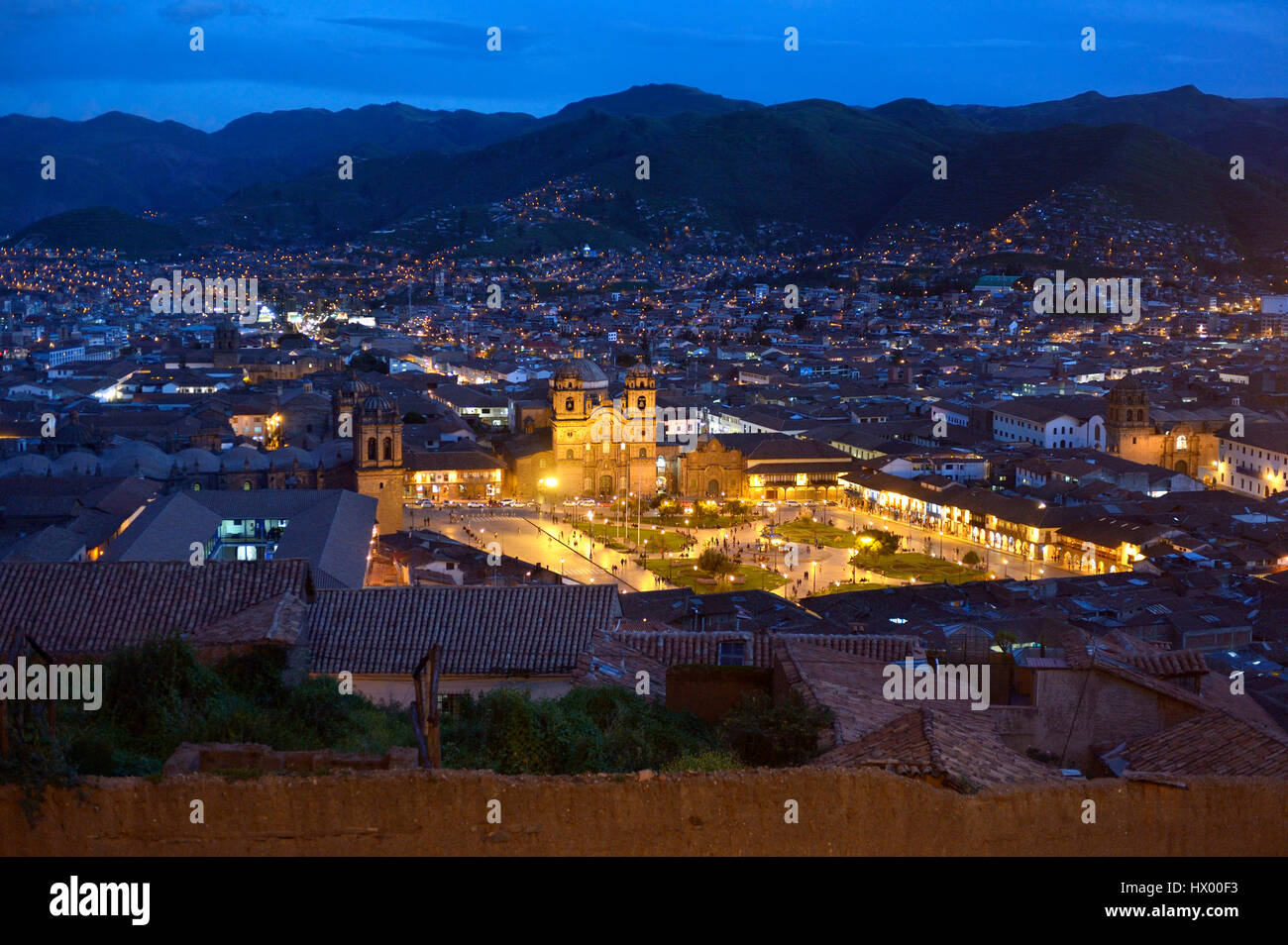 Peru, Cusco, cityscape with illuminated Plaza de Armas at night Stock ...
