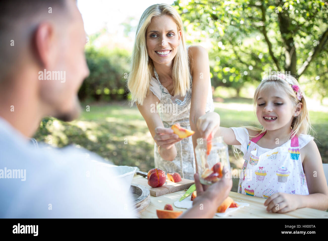 Happy family in garden preserving peaches Stock Photo - Alamy